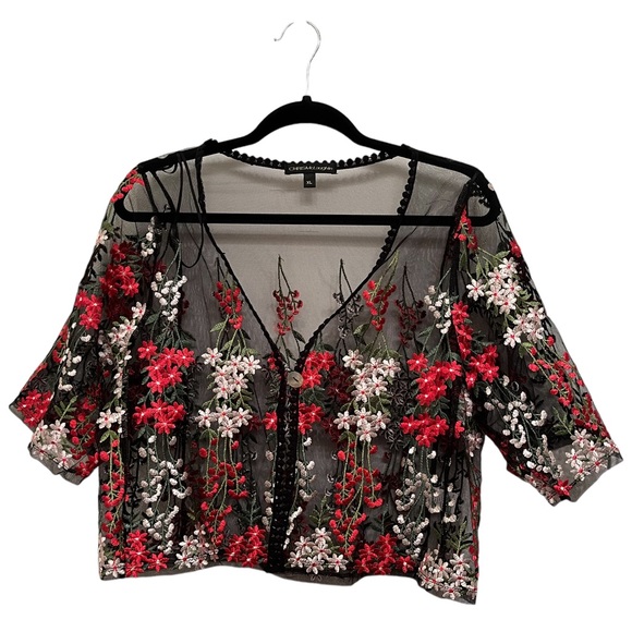 Tops | Chris Mclaughlin Shear Black Top With Embroidered Flowers | Poshmark